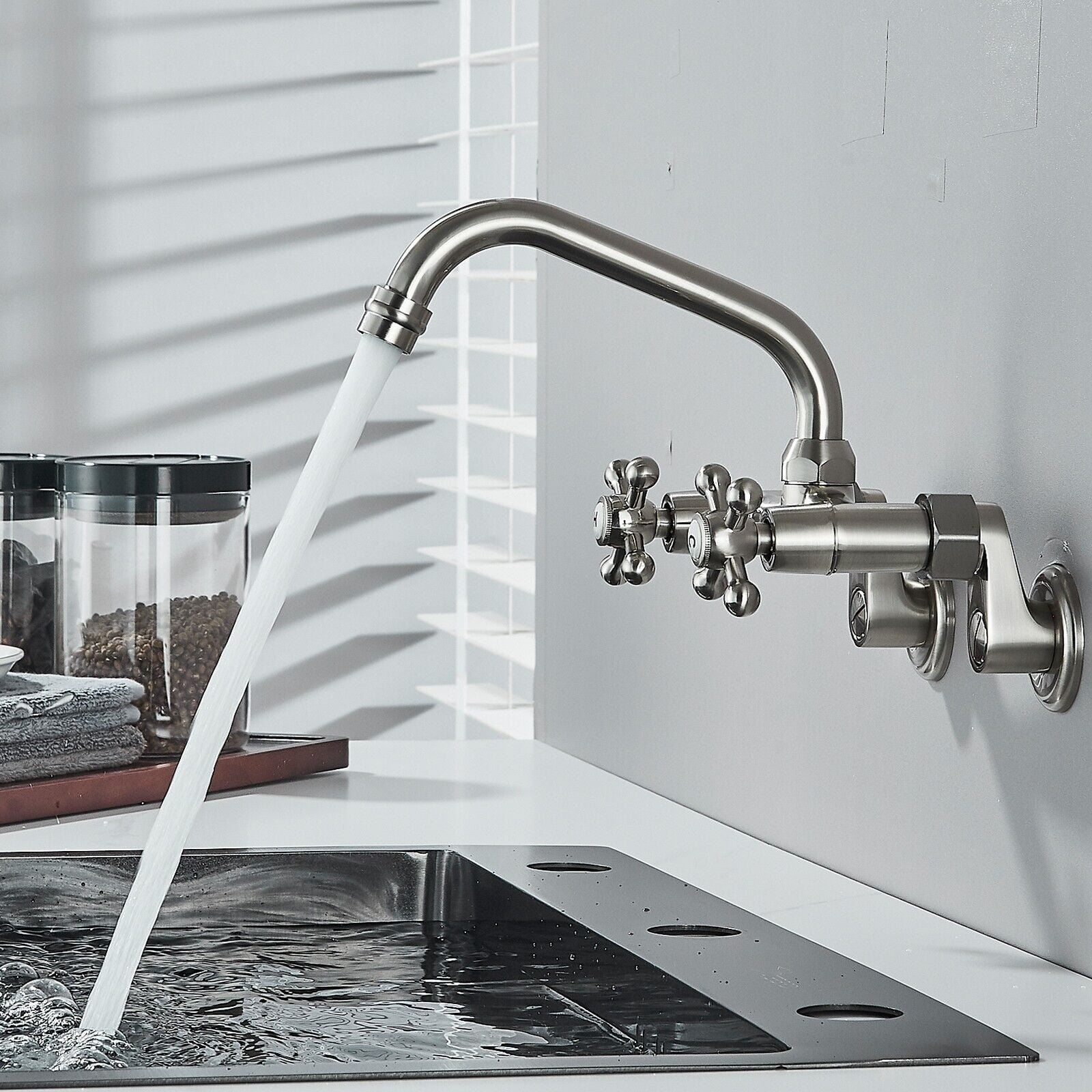 Brushed Nickel Bathroom Sink Faucet Wall-Mounted Dual Handle Double ...