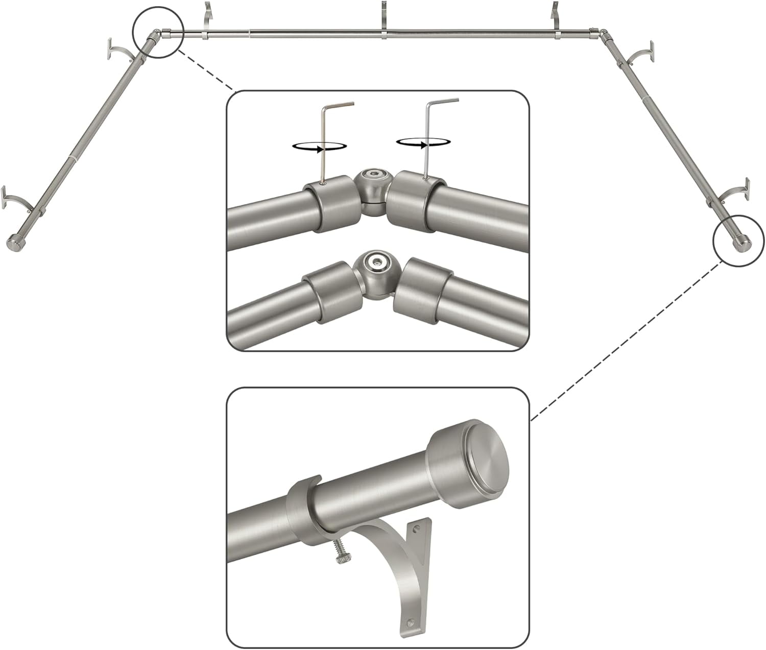 Brushed Nickel Bay Window Curtain Rods with Aluminum End Cap Finials ...