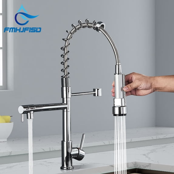 Brushed Nickel /Chrome Kitchen Faucet Double Sprayer Vessel Spring Sink ...