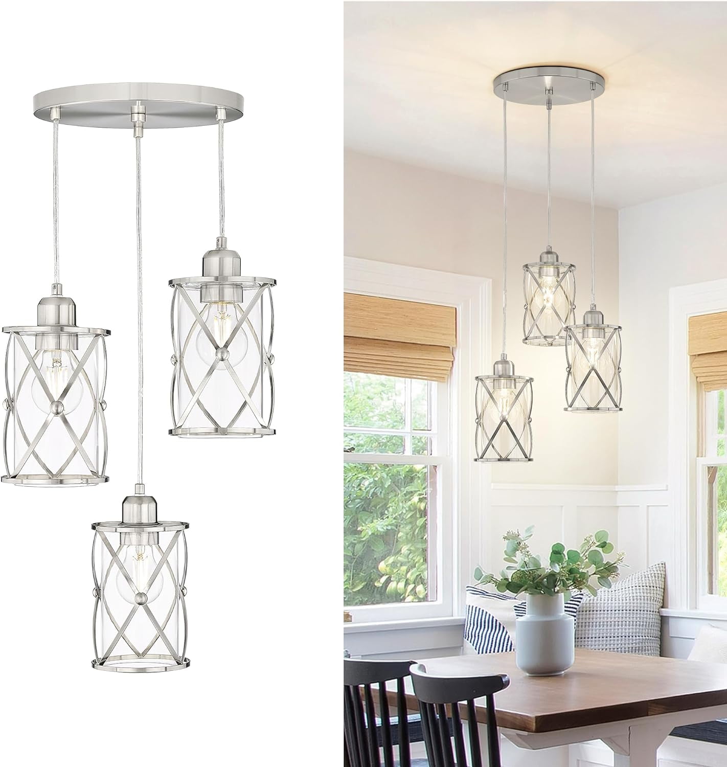 Brushed Nickel Dining Room Chandelier Light Fixture 3 Light Pendant