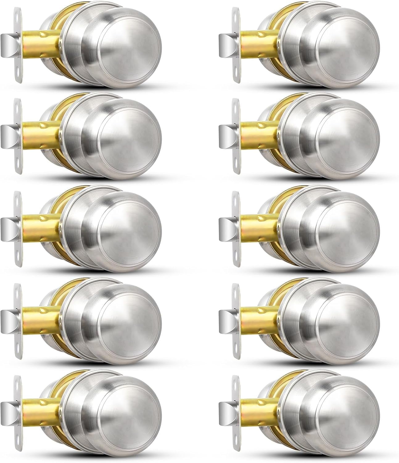 Brushed Nickel Door Knob, 10 Pack Round Keyless Doorknobs Interior/Exterior Lockset, Passage ...