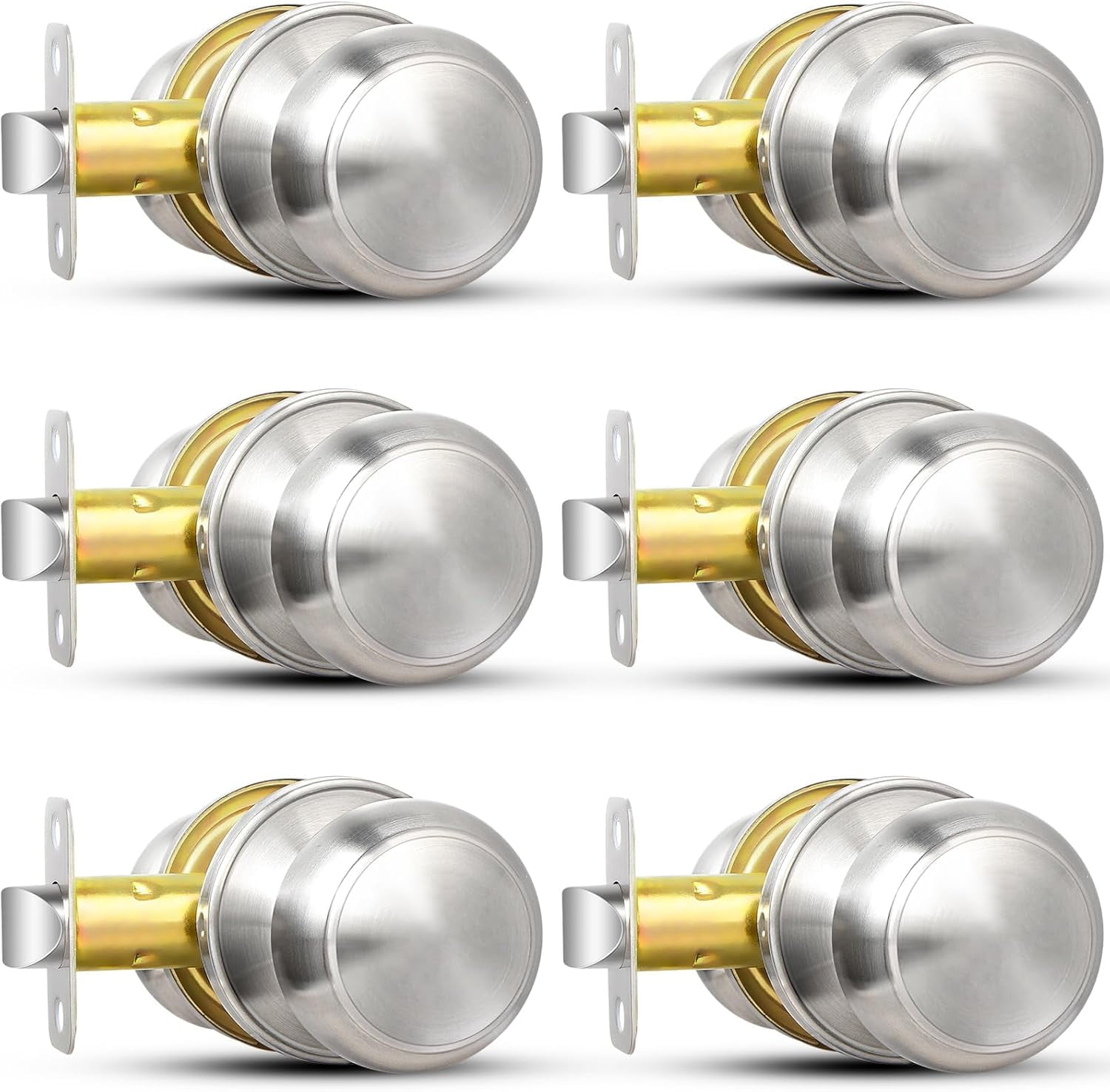 Brushed Nickel Door Knob, 6 Pack Round Keyless Doorknobs Interior/Exterior Lockset, Passage ...