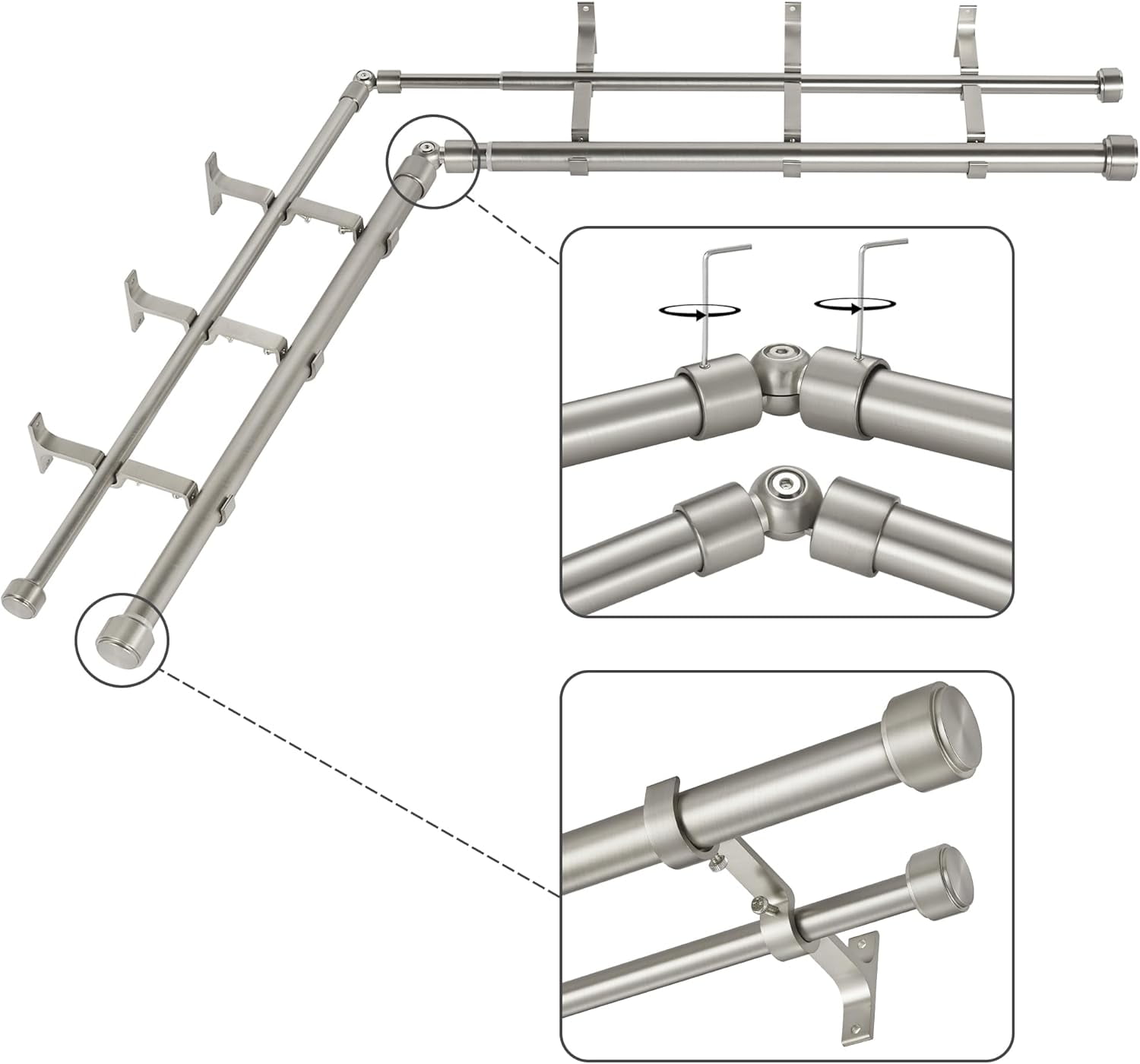Brushed Nickel Double Corner Window Curtain Rods with Aluminum End Cap ...