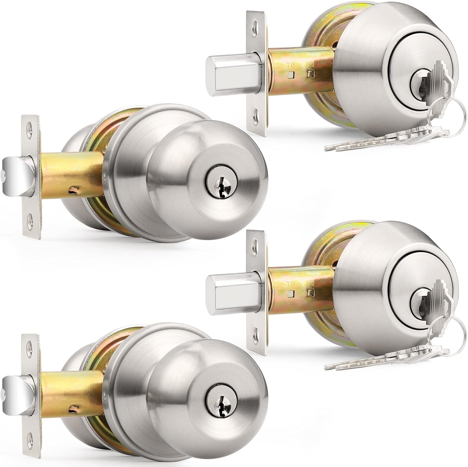 The Brushed Nickel Entry Door Knob and Double Cylinder Deadbolt Combo ...