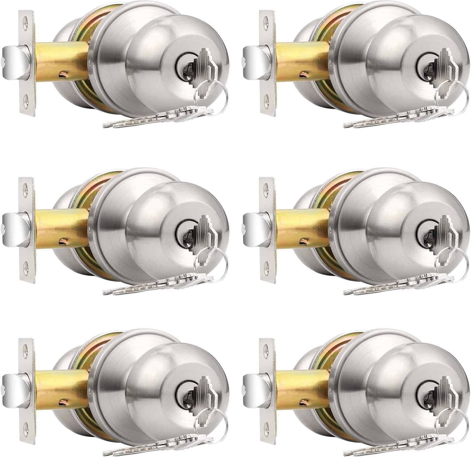 Brushed Nickel Entry Door Knobs Combo Pack, 6 Pack Keyed Alike Entrance ...