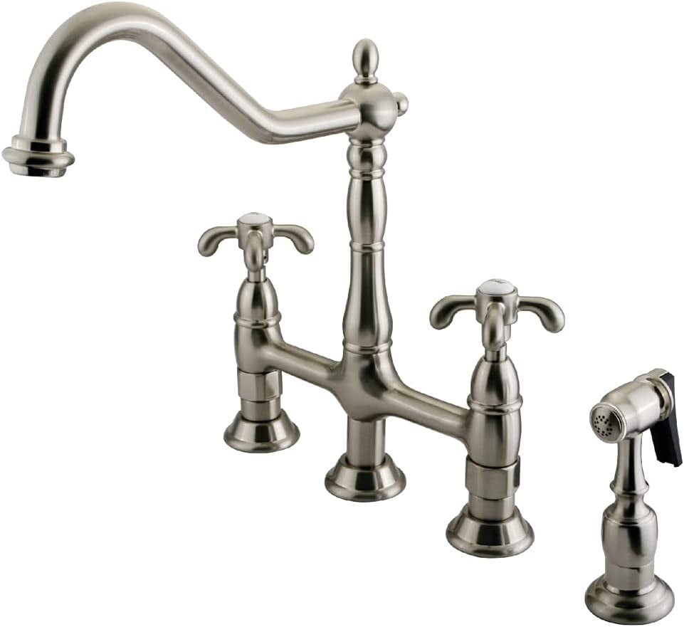 Brushed Nickel French Country Bridge Kitchen Faucet with Brass Sprayer ...