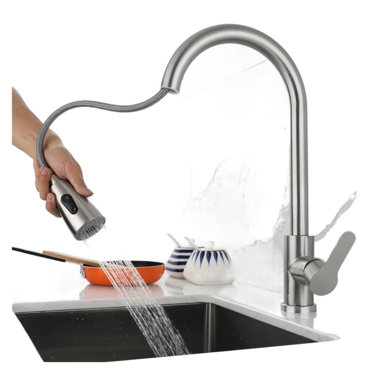 Brushed Nickel Kitchen Faucet Single Hole Pull Out Spout Kitchen Sink ...