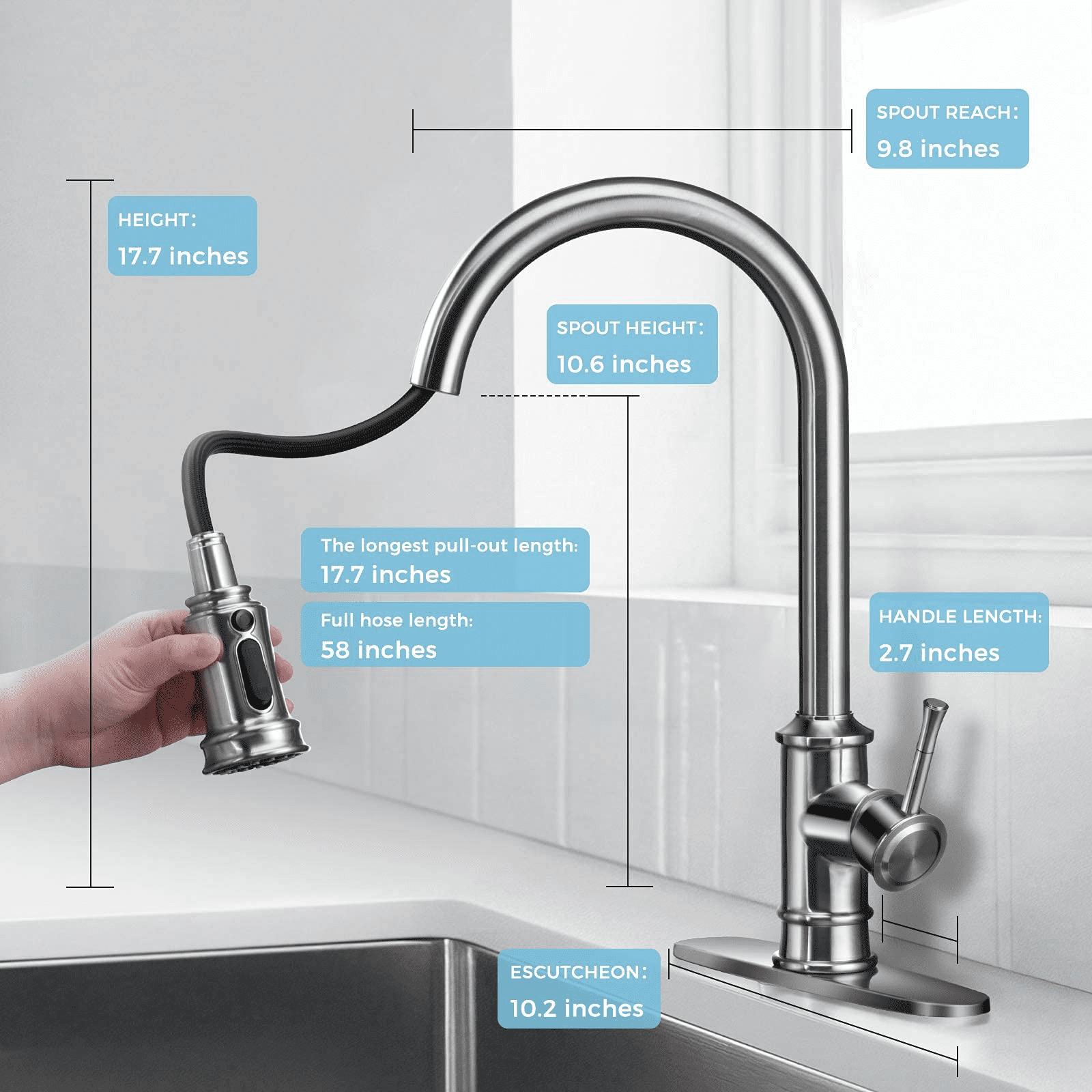 Brushed Nickel Kitchen Faucet with 3 Modes Pull Down Sprayer, Single ...
