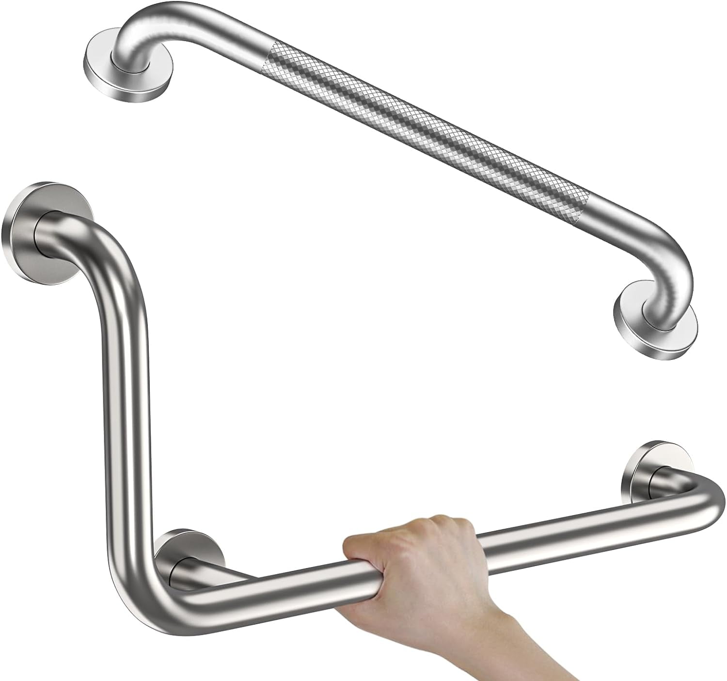 Brushed Nickel L-Shaped Grab Bar 12x24 Inch + Knurled Shower Grab Rail ...