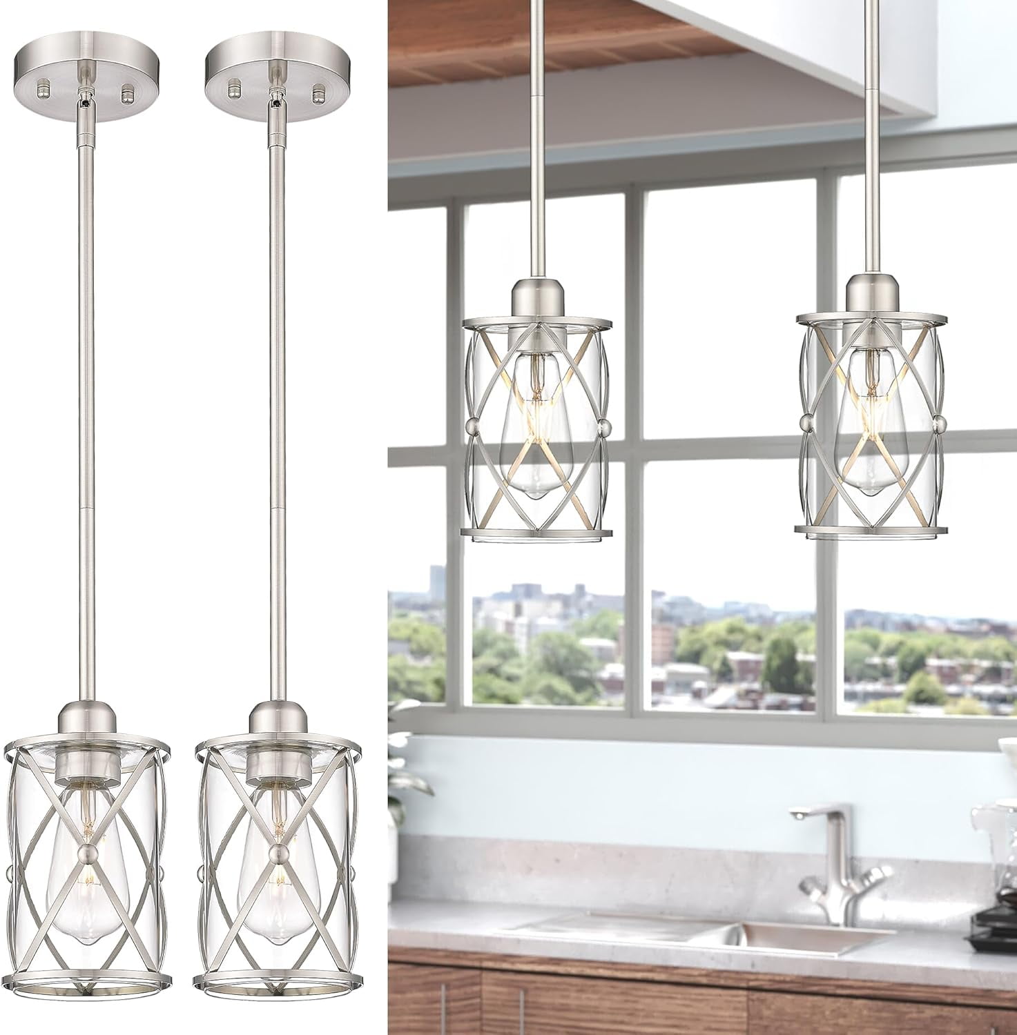 Brushed Nickel Pendant Lights for Kitchen Island, 2 Pack Modern Glass Hanging Pendant Light ...