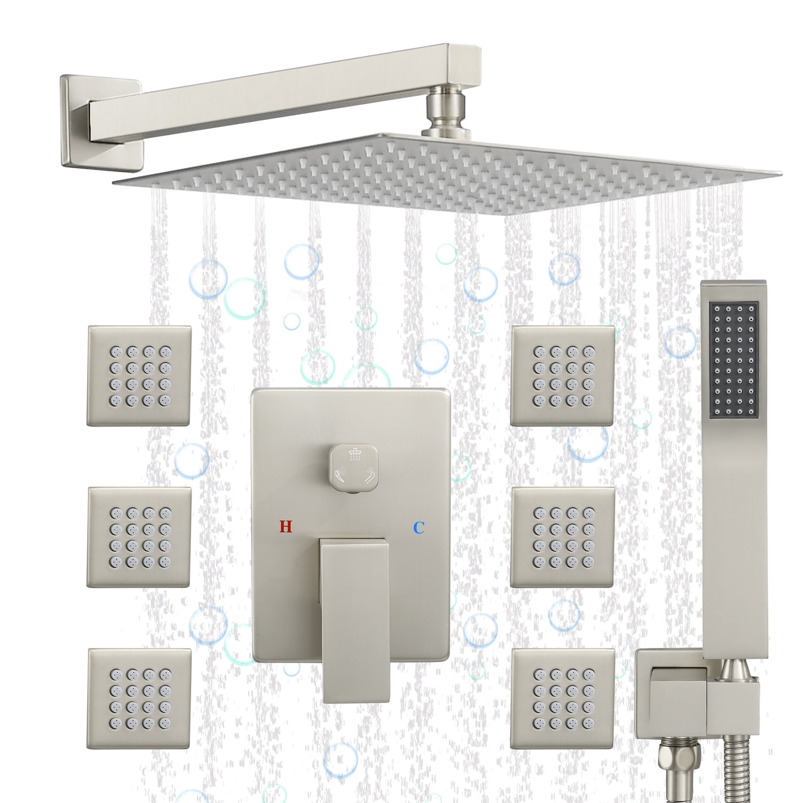 Brushed Nickel Rain Shower System with 6 Body Shower Jets, Shower Jets ...