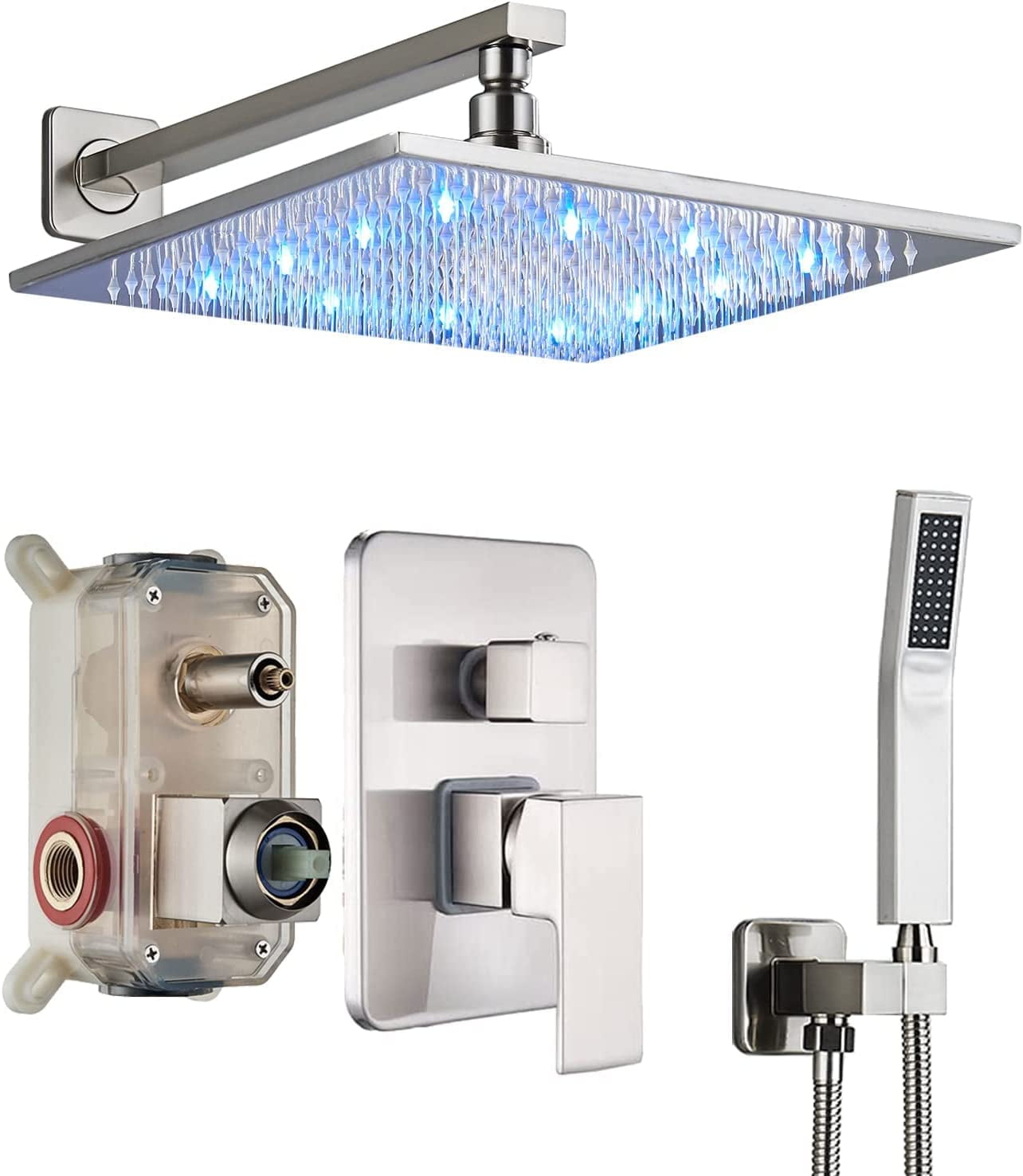 Brushed Nickel Shower Faucet Set System 16" LED Rain Head Combo with ...