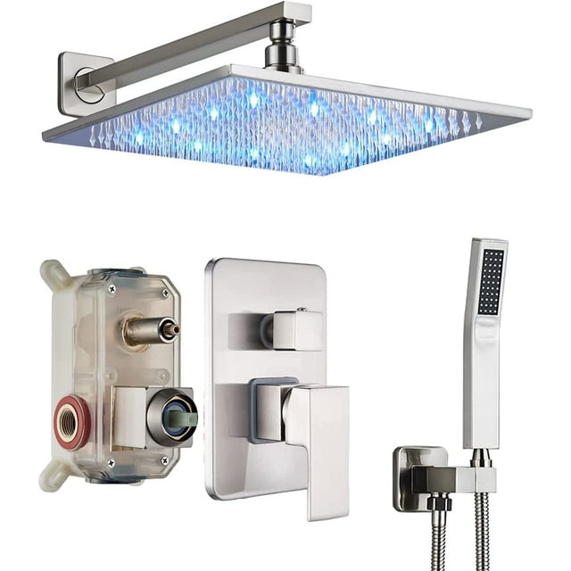 Brushed Nickel Shower Faucet Set System 16" LED Rain Head Combo with ...