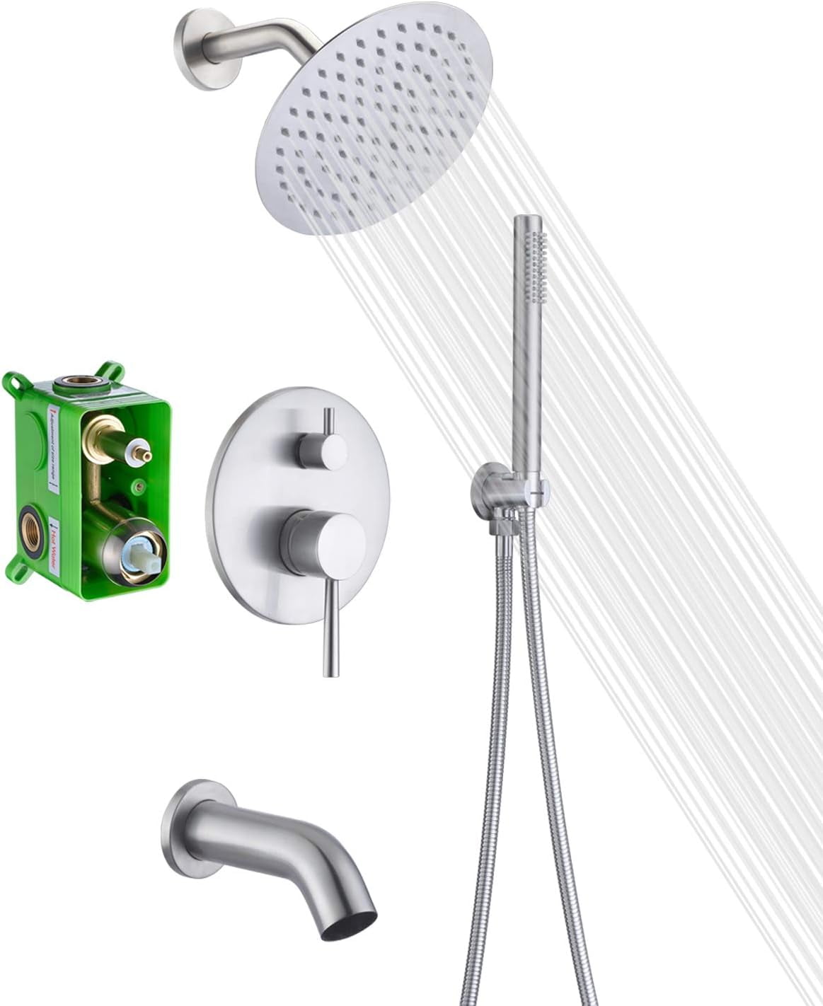Brushed Nickel Shower System with Waterfall Tub Spout, 8 Inches Rain ...