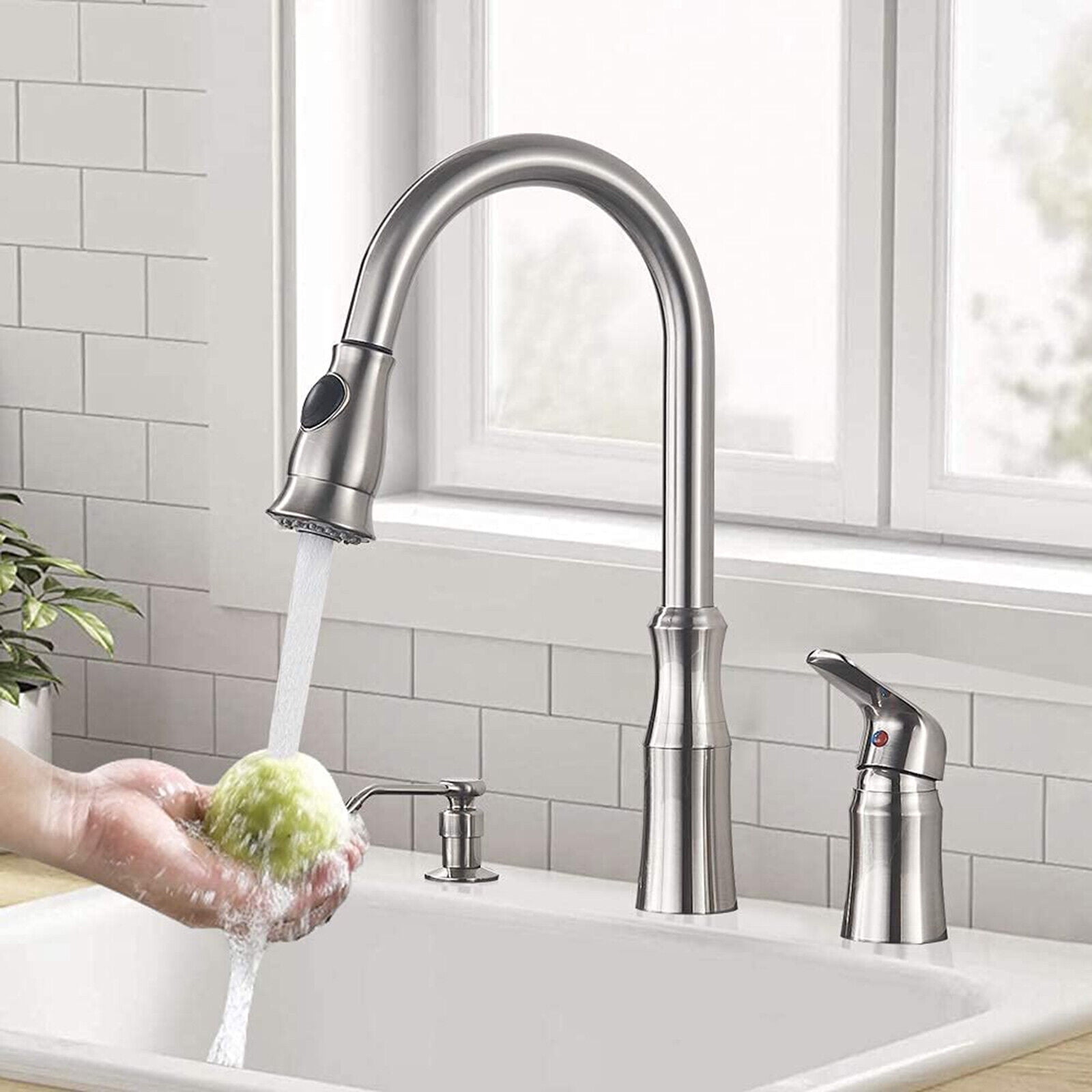 Brushed Nickel Single Handle High Arc Kitchen Sink Faucet with Pull ...