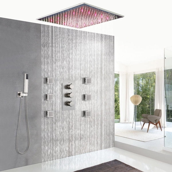 Brushed Nickel Thermostatic 12"LED Rainfall Shower Faucet set Massage ...