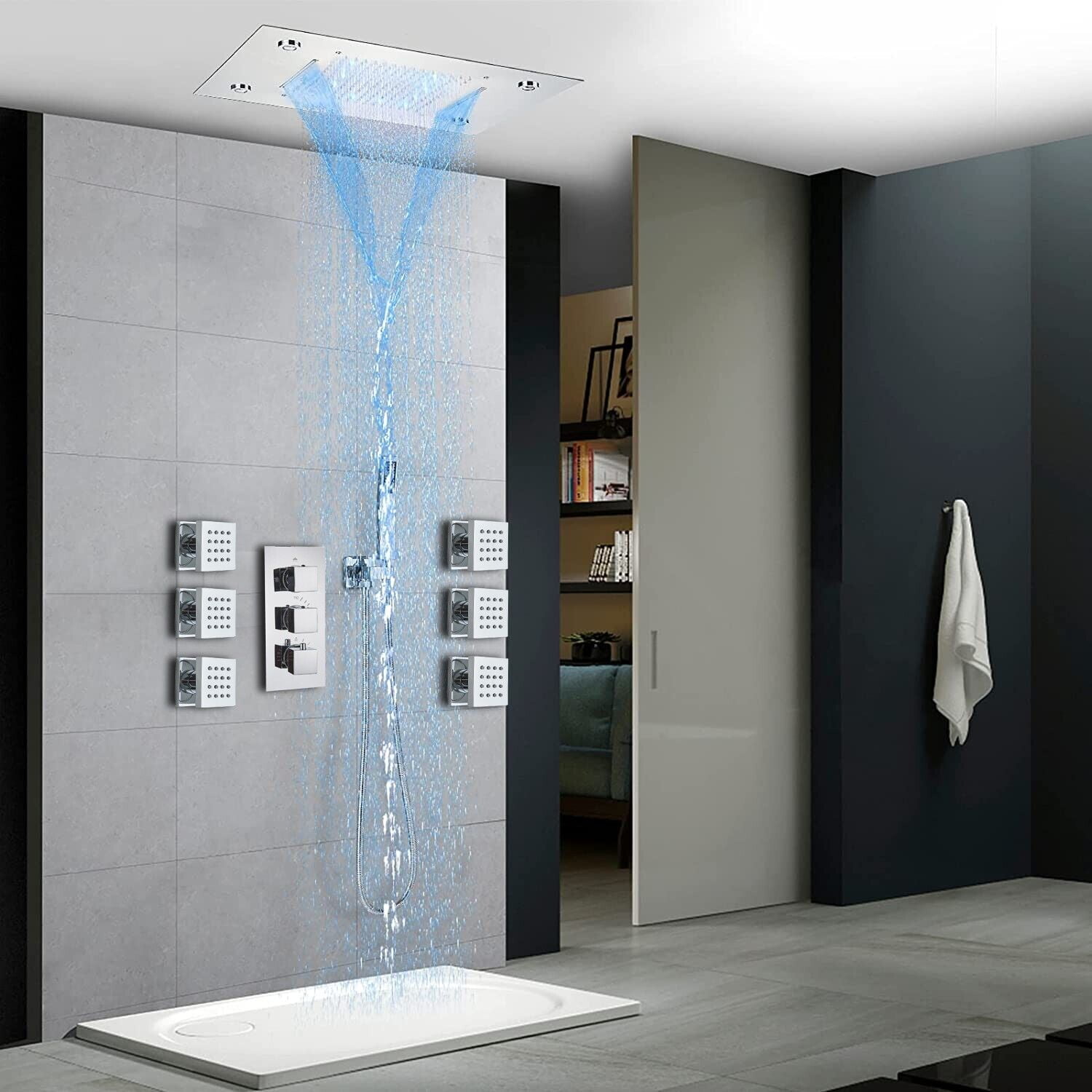 Brushed Nickel Thermostatic LED Rain Shower Head Ceiling Shower System ...