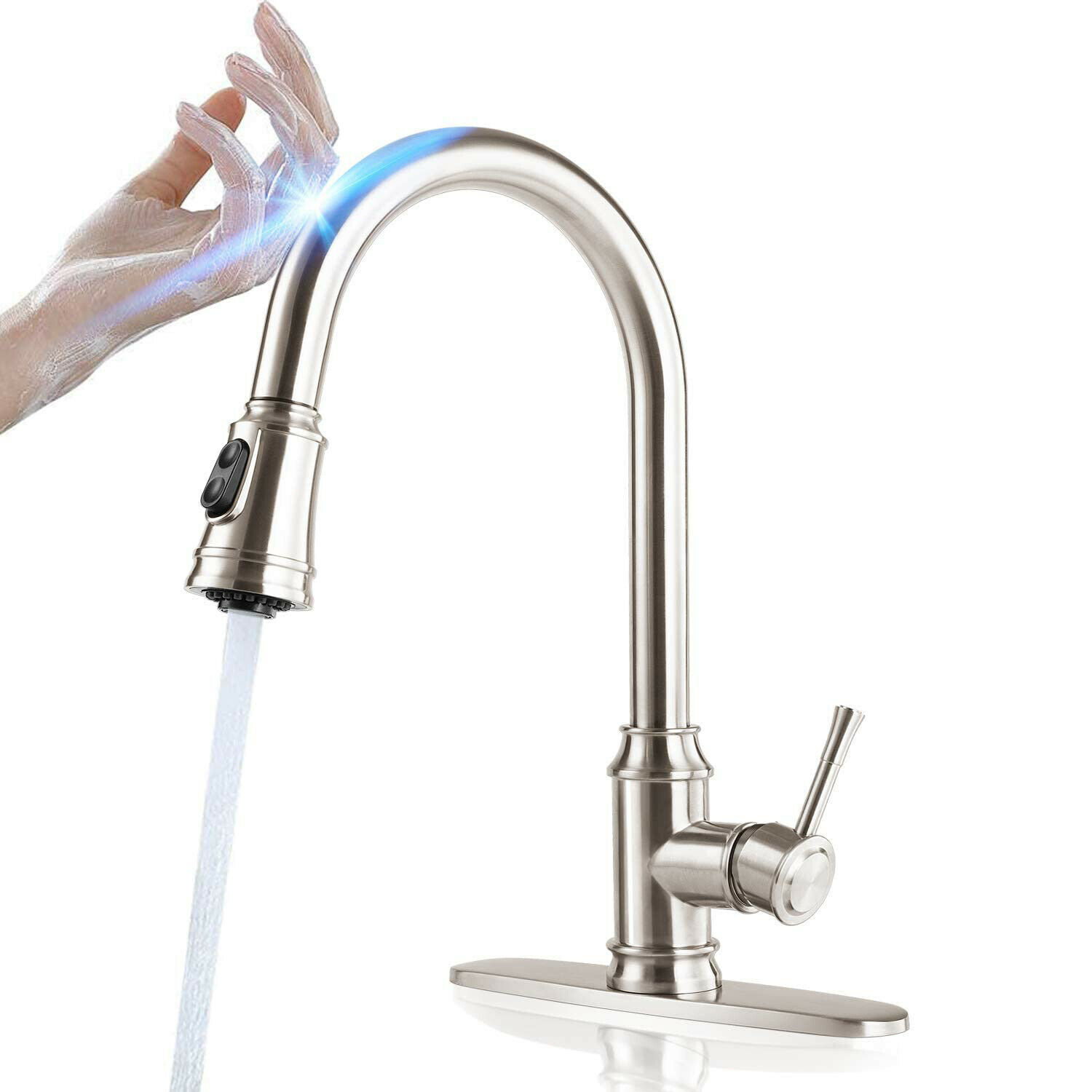 Brushed Nickel Touch Kitchen Sink Faucet Pull Out Sprayer W/ 10'' Cover ...