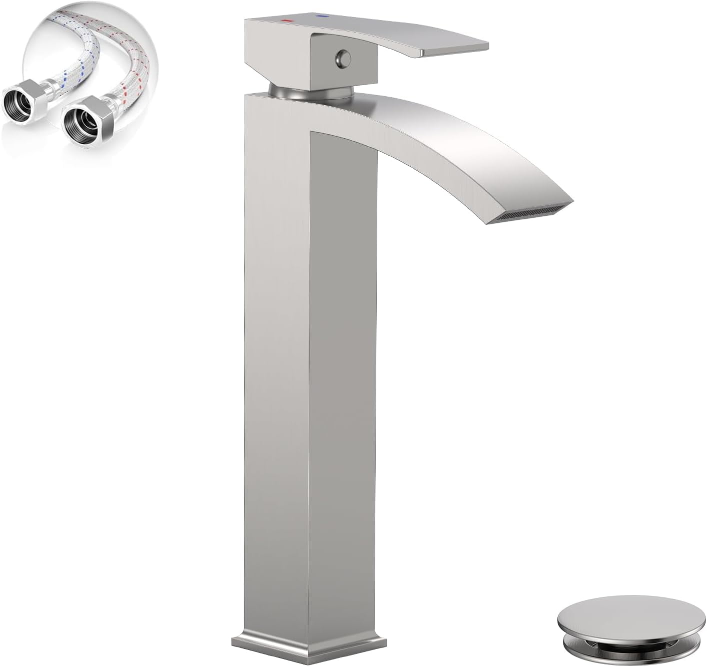 Brushed Nickel Vessel Sink Faucet, Waterfall Bathroom Faucets, Tall ...
