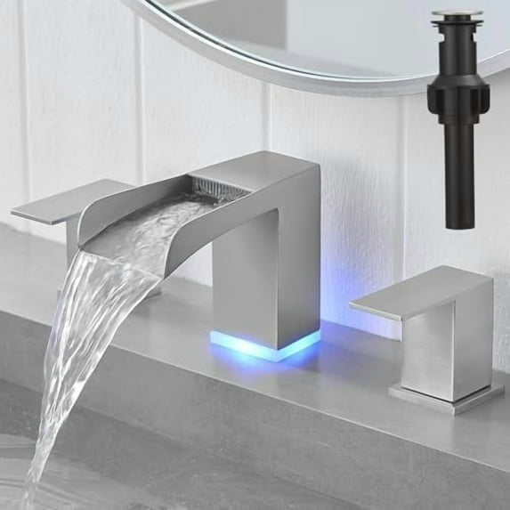 Brushed Nickel Waterfall LED Bathroom Faucet 3 Hole, 8 Inch Widespread ...