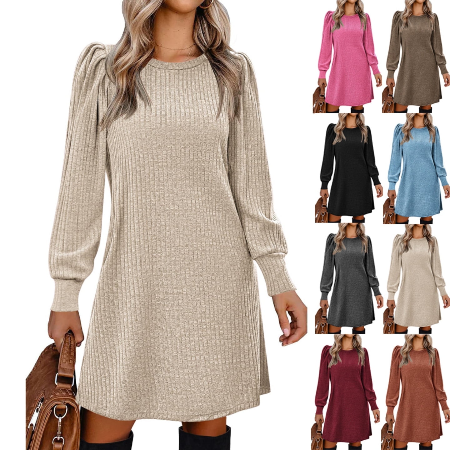 Brushed Ribbed Knit Solid Color A-Line Dress for Women - Brick Red ...