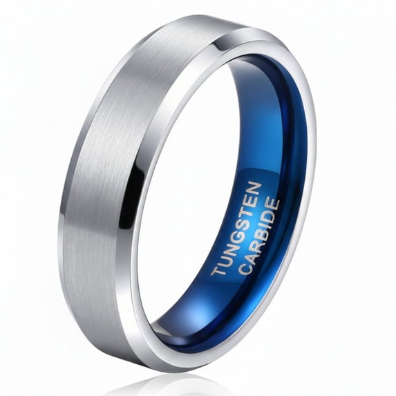 Brushed Silver Tungsten Carbide Ring with Blue Inner Band Comfort Fit ...