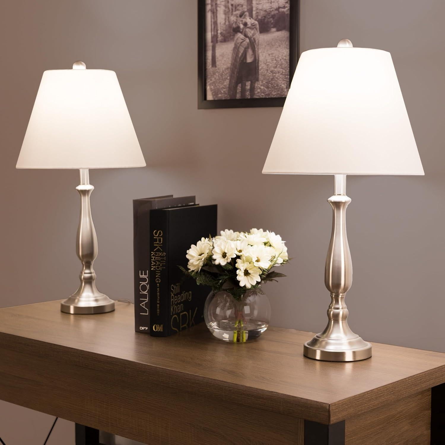 Brushed Steel Table Lamps - Set of 2 Traditional Accent Lights with LED Bulbs - Home Décor for ...