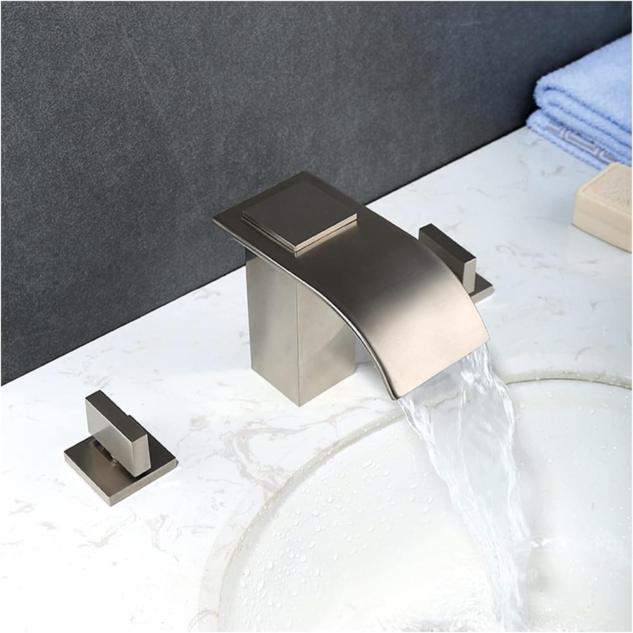 Brushed Waterfall Bathroom Widespread Bathroom Faucets for Sink 3 Hole ...