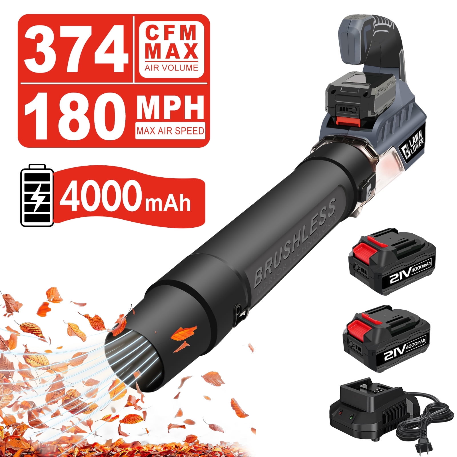 Brushless Leaf Blower Cordless, 374CFM/180MPH & 2 Speed Levels ...