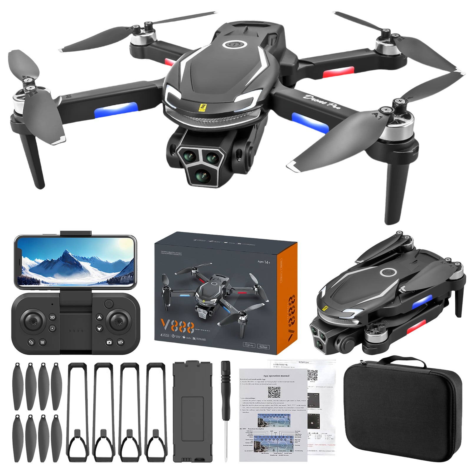 Brushless Motor Drone with 360° Obstacle Avoidance, 90° FPV Camera, Foldable Design, ESC ...