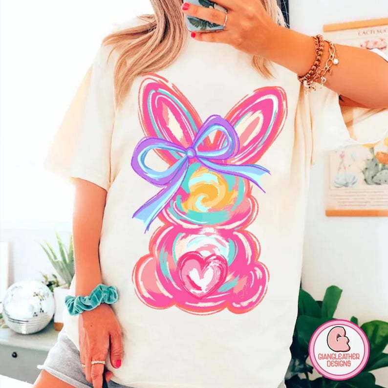 Brushstroke Bunny Easter T-Shirt, Coquette Pink Bow Bunny Tee for Girls ...