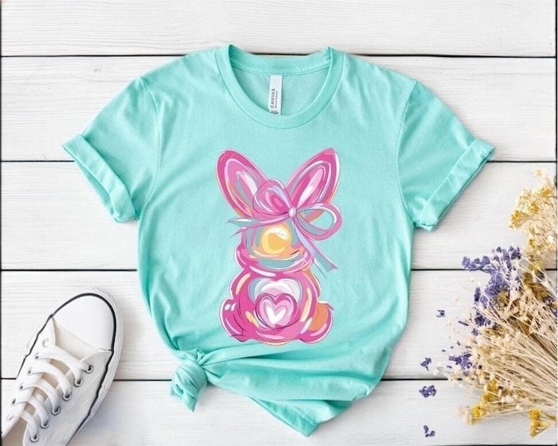 Brushstroke Bunny Easter T-Shirt, Pink Coquette Bow Bunny Shirt for ...