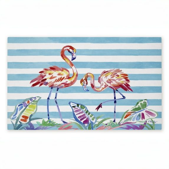 Brushstroke Flamingos on Stripes Printed Outdoor Door Mat, design by ...