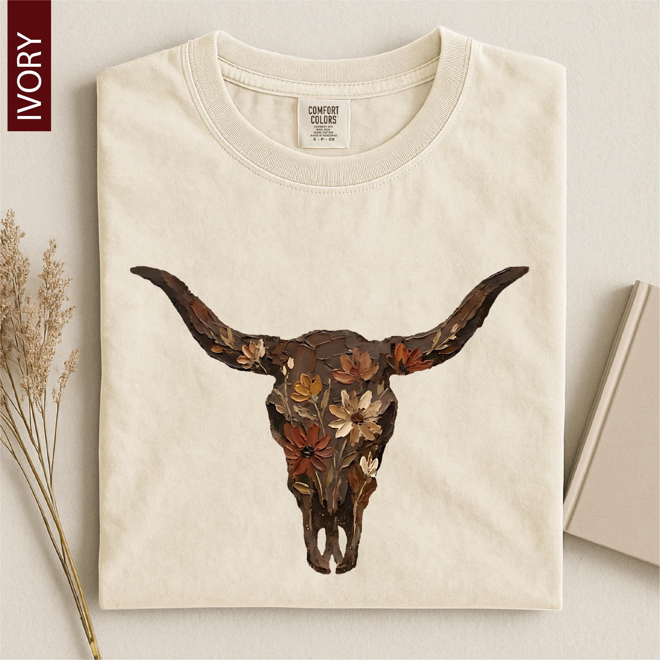 Brushstroke Floral Western Cow Skull Shirt, Boho Cow Skull Shirt ...