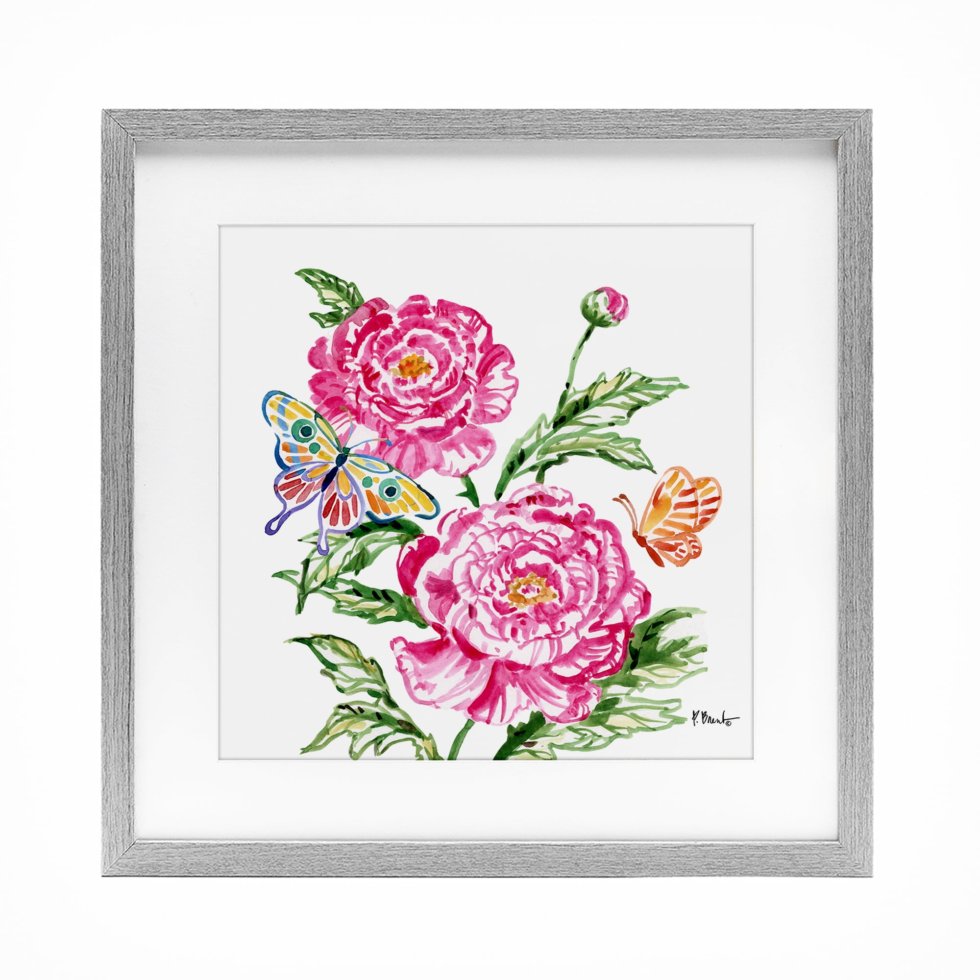 Stupell Industries Brushstroke Peonies & Butterflies Gray Framed Print ...
