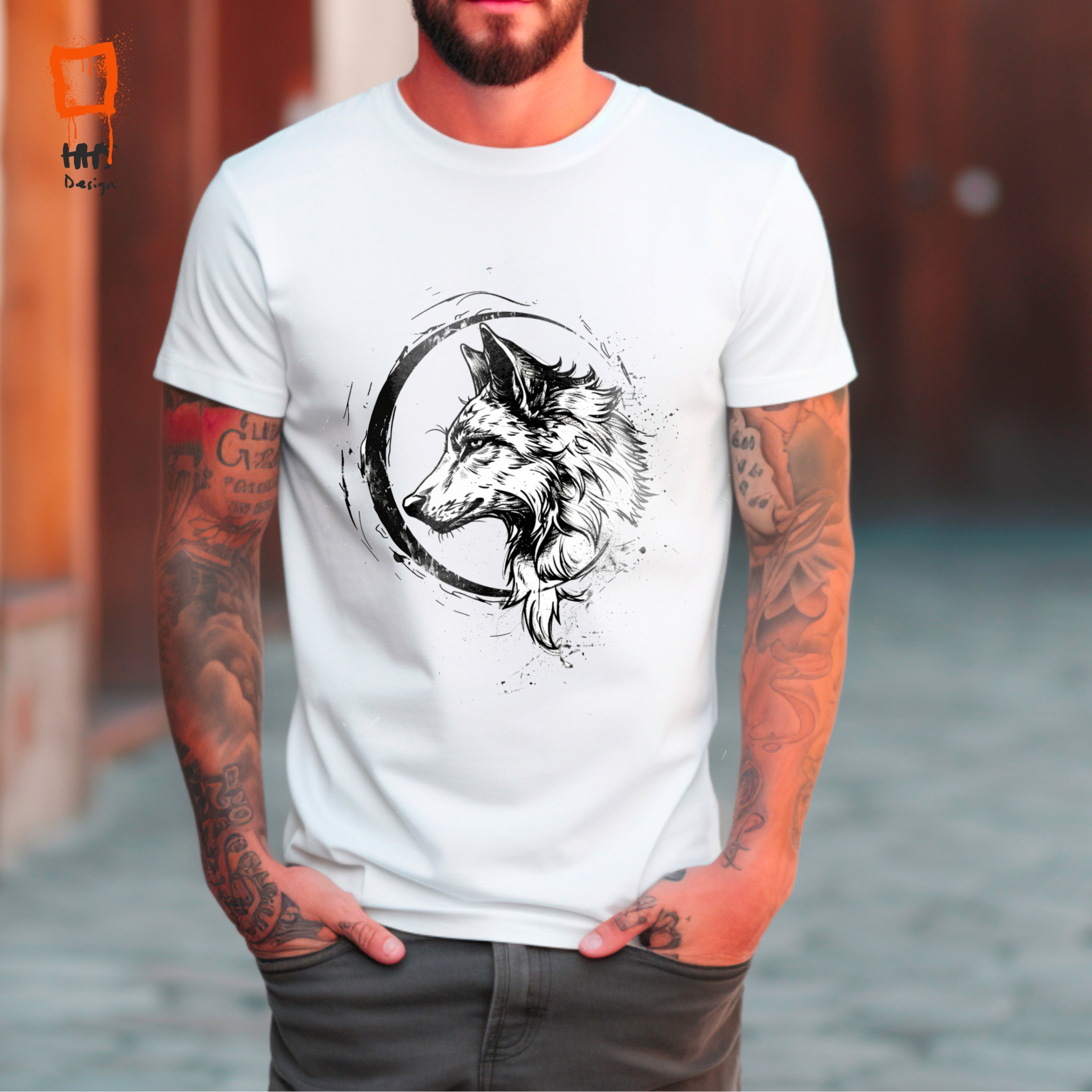 Brushstroke Wolf in Moon Circle T-Shirt, Artistic Animal Design Tee ...