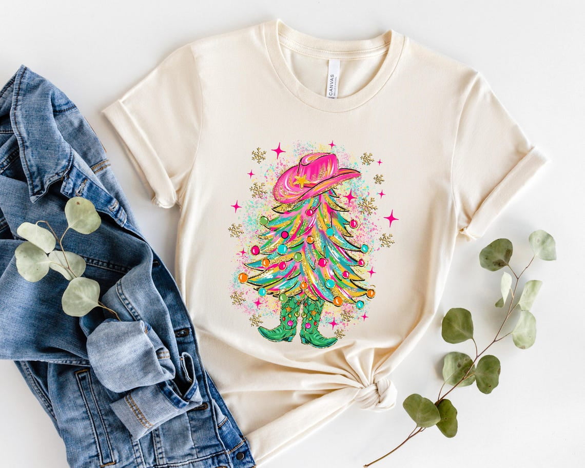 Brushtroke Cowgirl Winter Holiday Tree Sweatshirt, Colorful Howdy ...