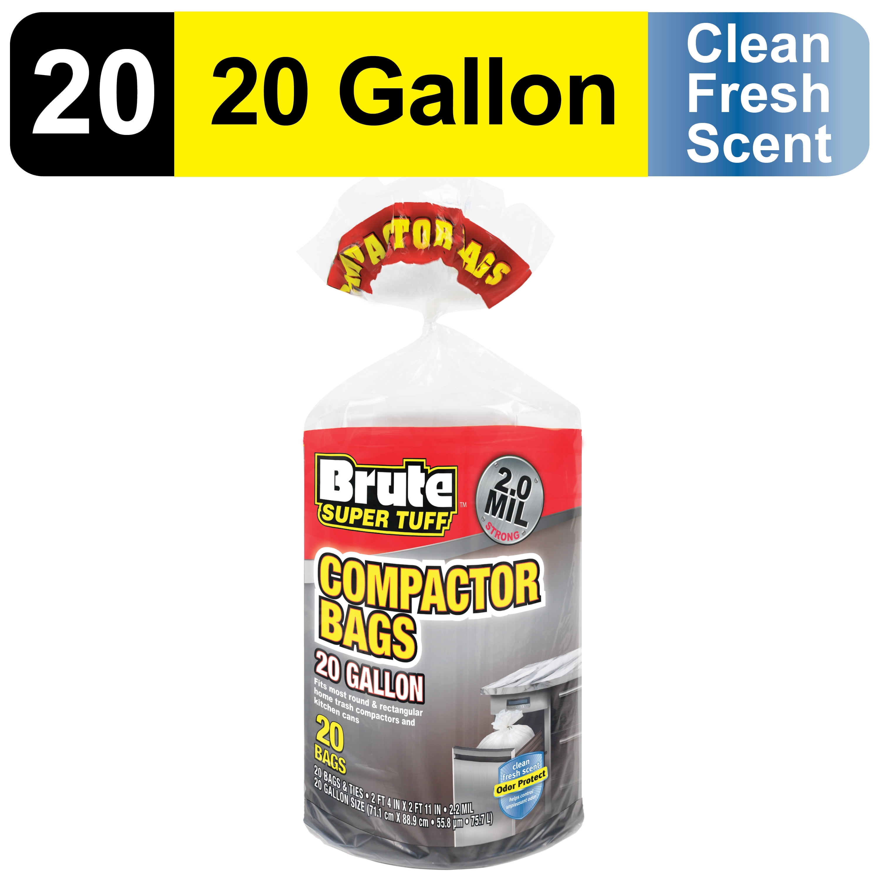 Brute Super Tuff® Compactor Trash Bags, 20 Gallon, 20 Bags (Twist Tie ...