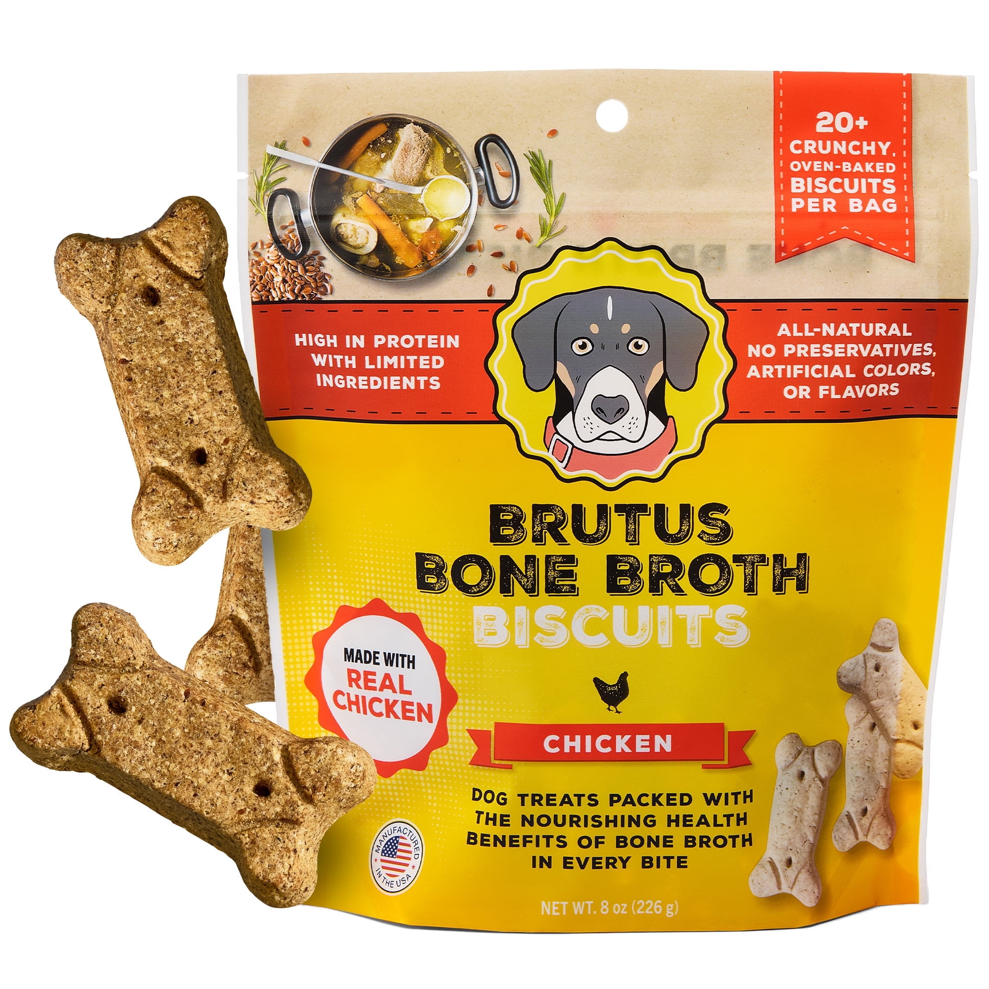 Brutus Bone Broth, Chicken Biscuits Dog Treats, Bone Broth Topper, 8 oz ...