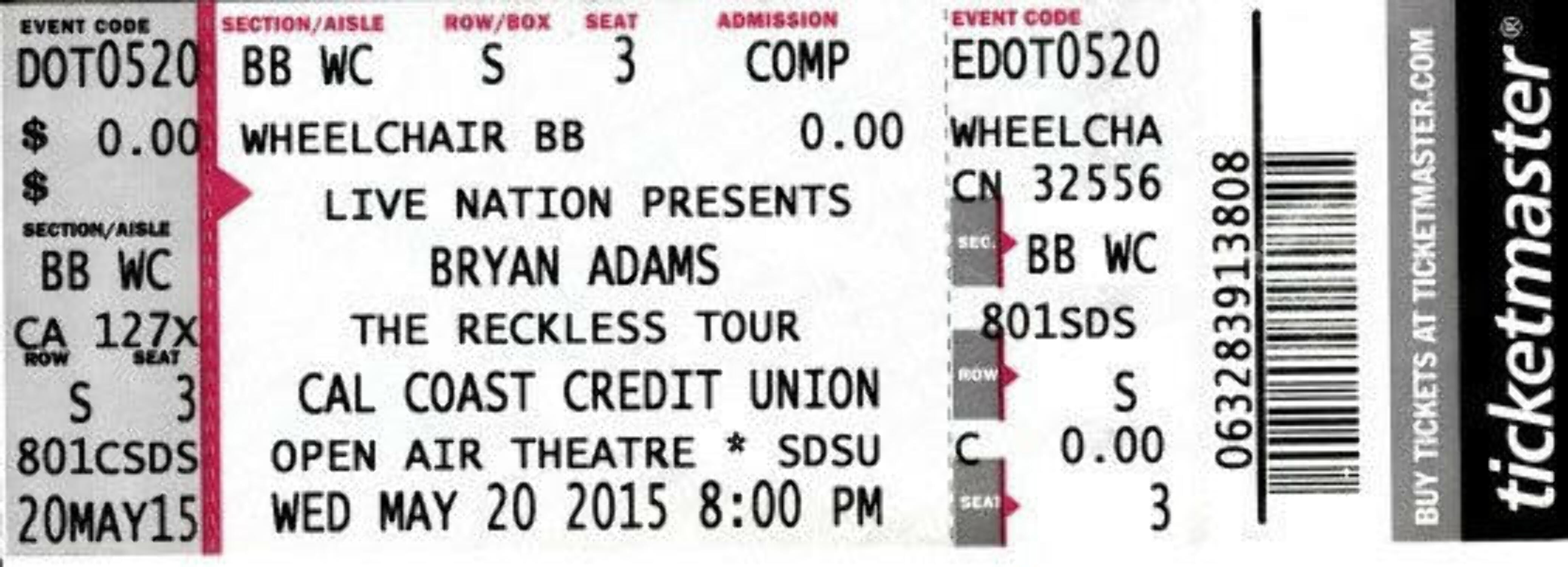 Bryan Adams Reckless Tour 2015 San Diego concert ticket - Walmart.com