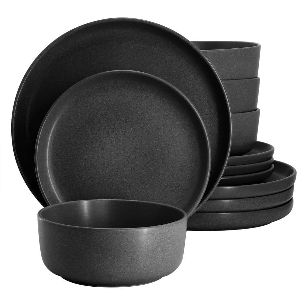 Bryant Park 12-Piece Reactive Stoneware Dinnerware Set in Black ...