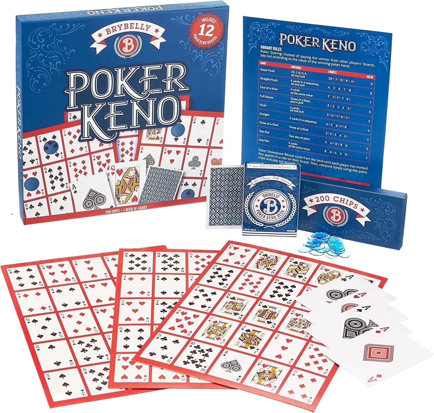 Brybelly Poker Keno Game Set - Casino Board Game with Cards, Chips, 12 ...