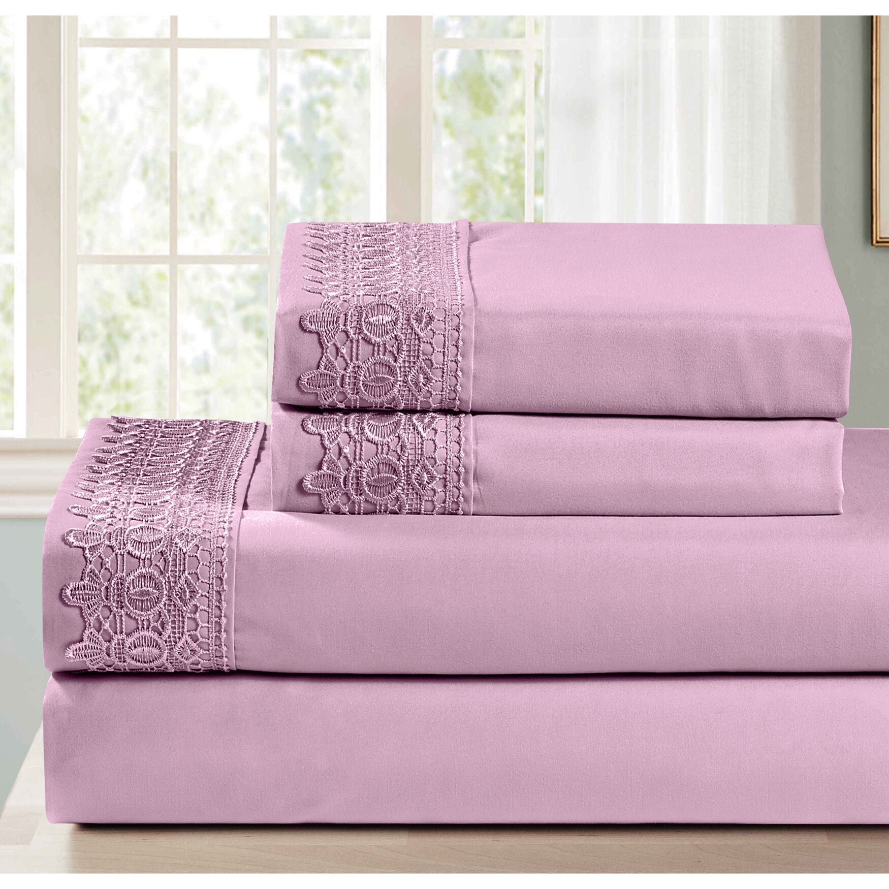 BrylaneHome 4-Pc Lace Trim Sheet Set - Walmart.com