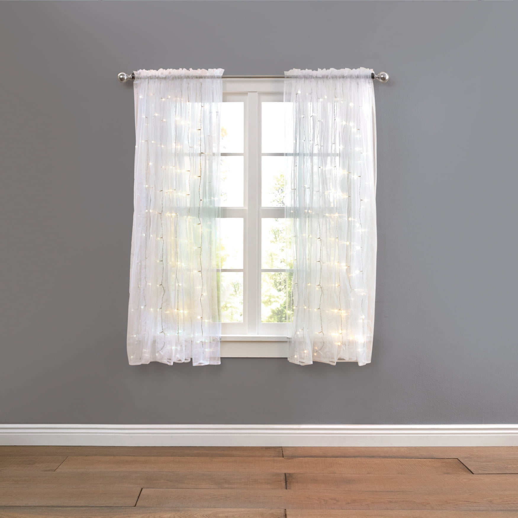 BrylaneHome 63" Pre-Lit Rod-Pocket Curtain Panel, Fabric Window Drapery ...