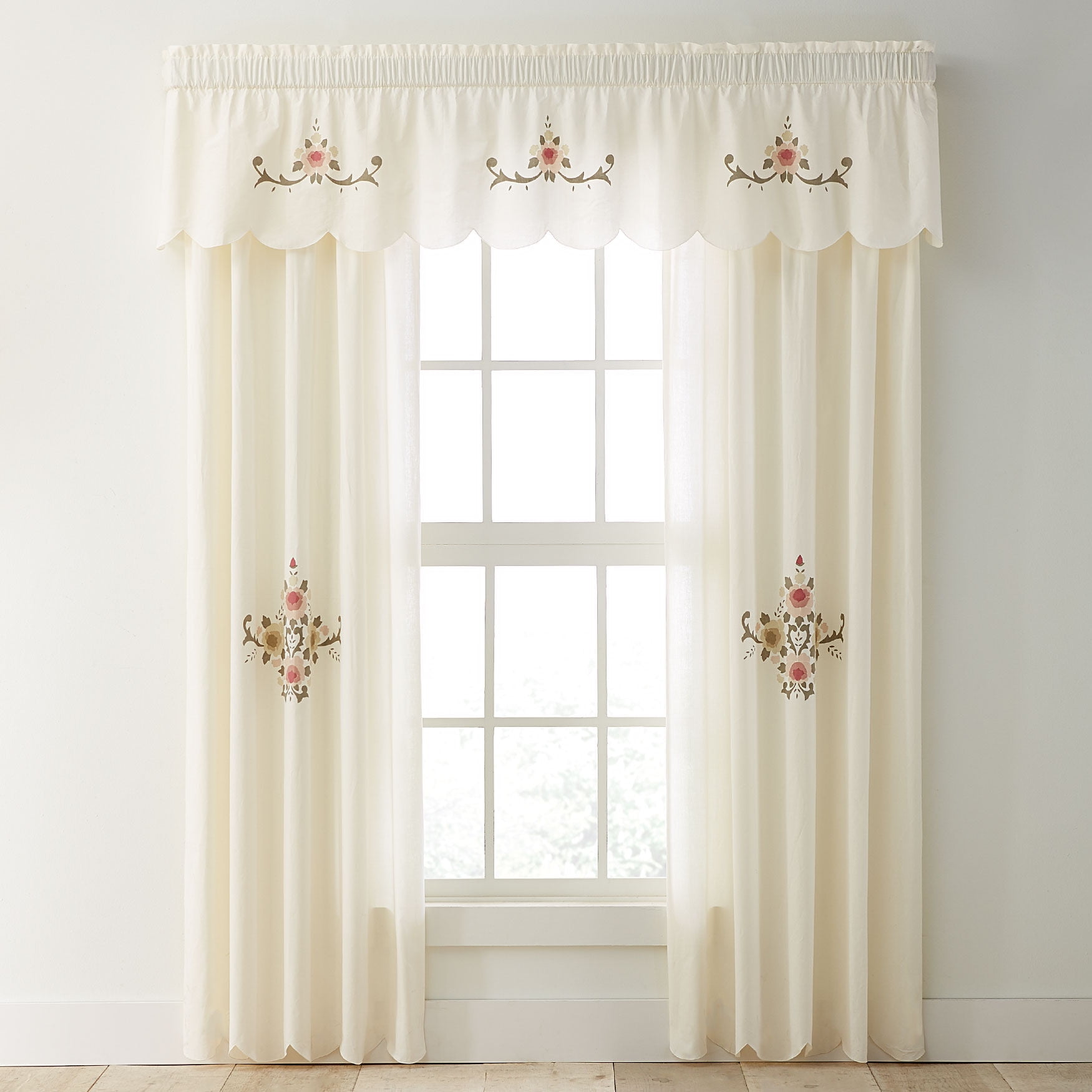 BrylaneHome Ava Floral Embroidered Valance, Ivory, 84"W x 16"L, Cotton ...