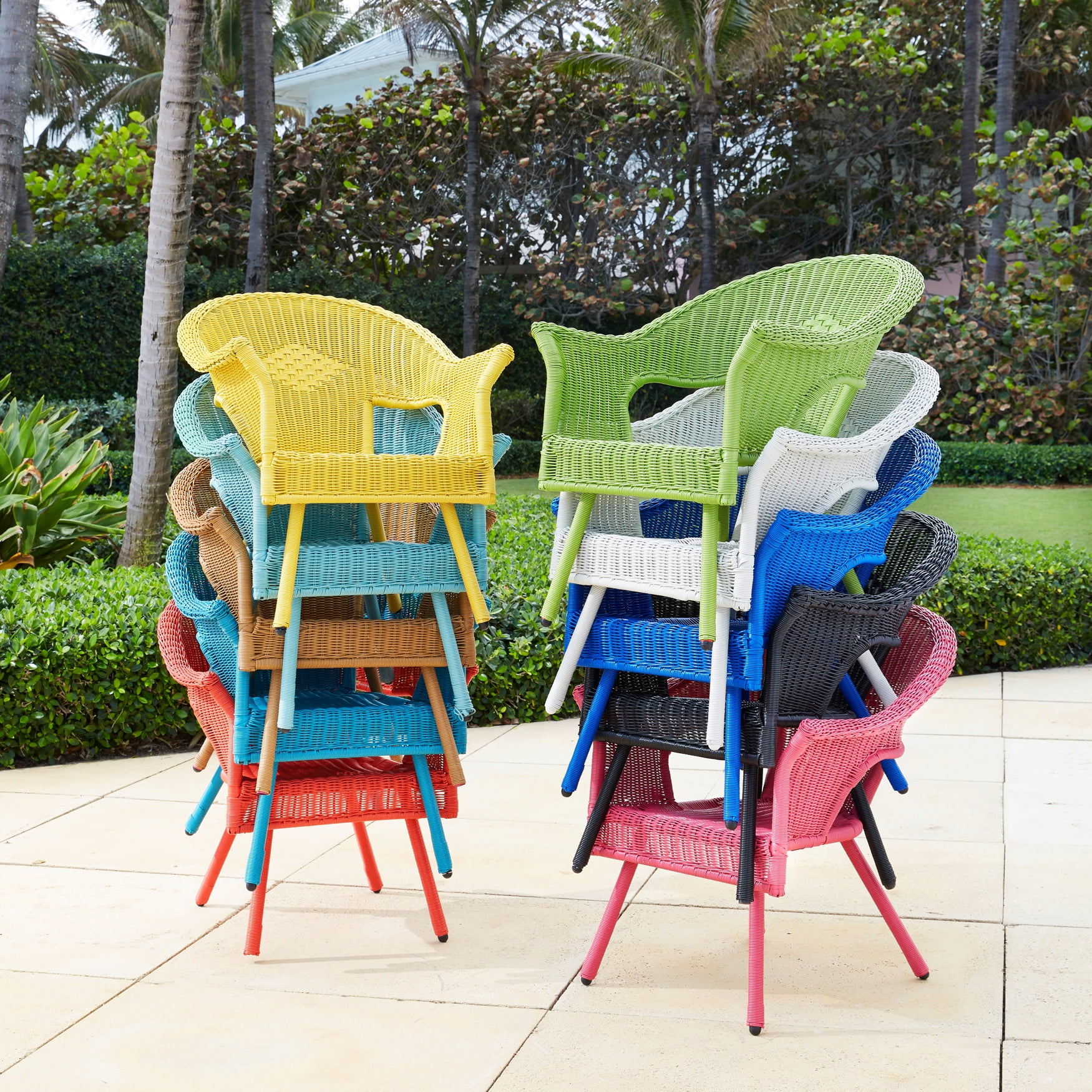BrylaneHome Outdoor Weather Resistant Roma Hand Woven Resin Wicker Stacking Chair Free Seat Back Cushions for Home Backyard Deck Patio 250 Lb