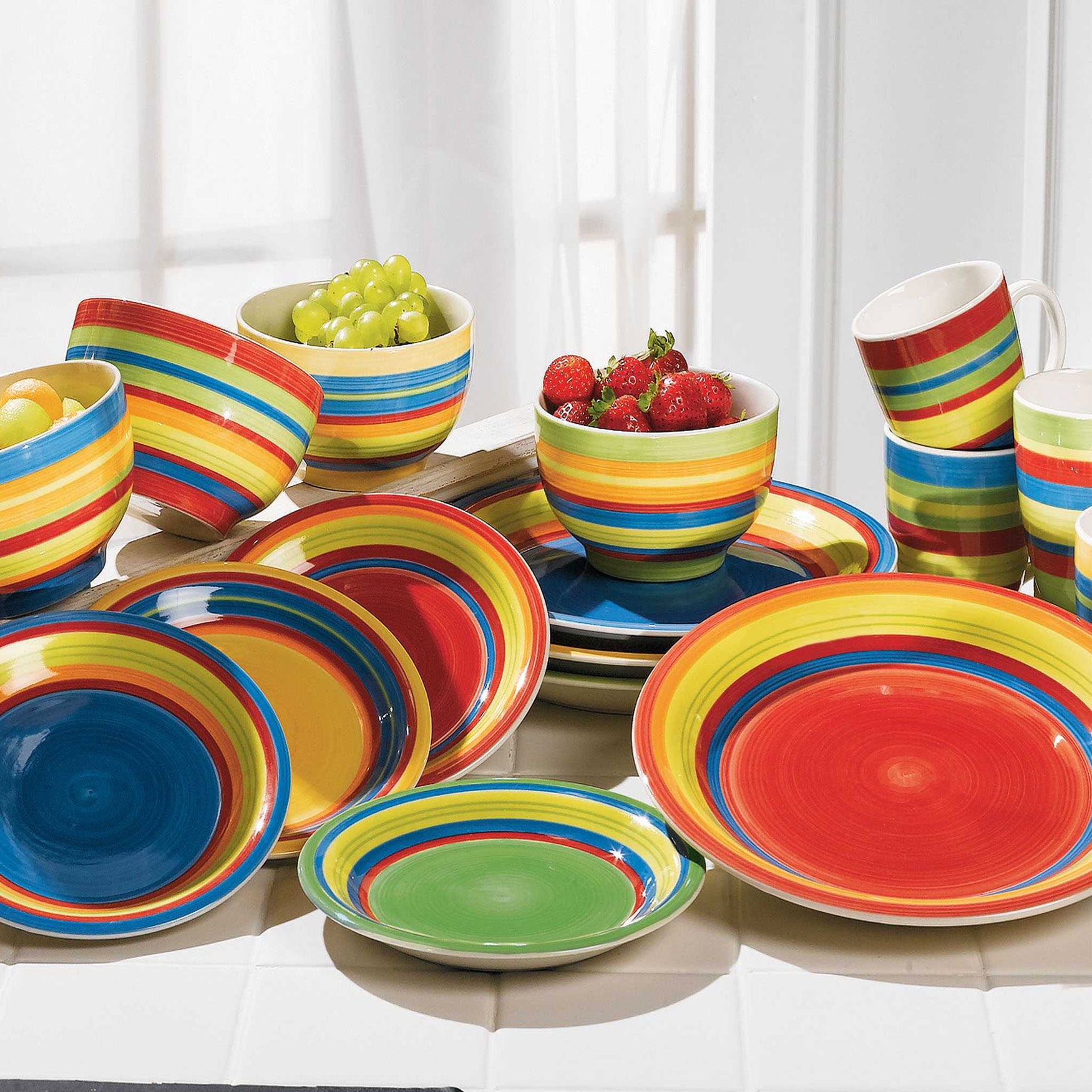 BrylaneHome Santa Fe 16-Piece Hand-Painted Colorful Multi Stripe ...