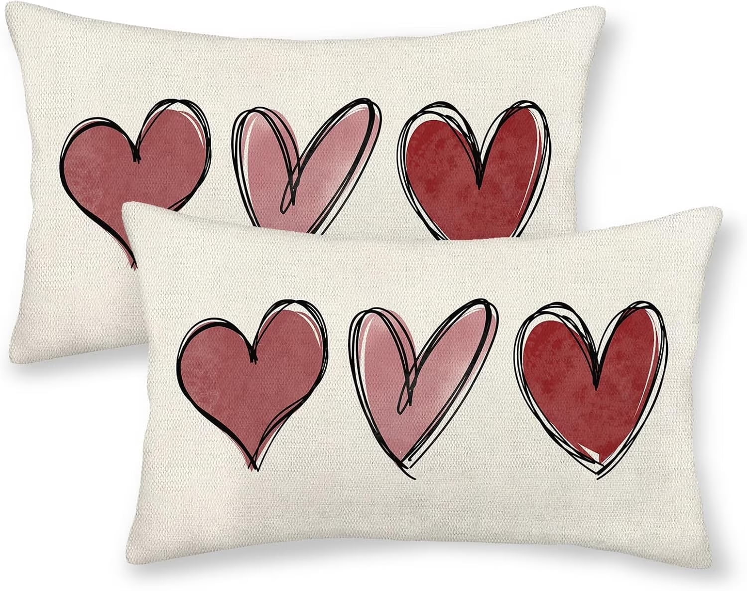 Brythos 2 Pack 12x20inch Linen Pillow Covers with Red Love Heart Print ...