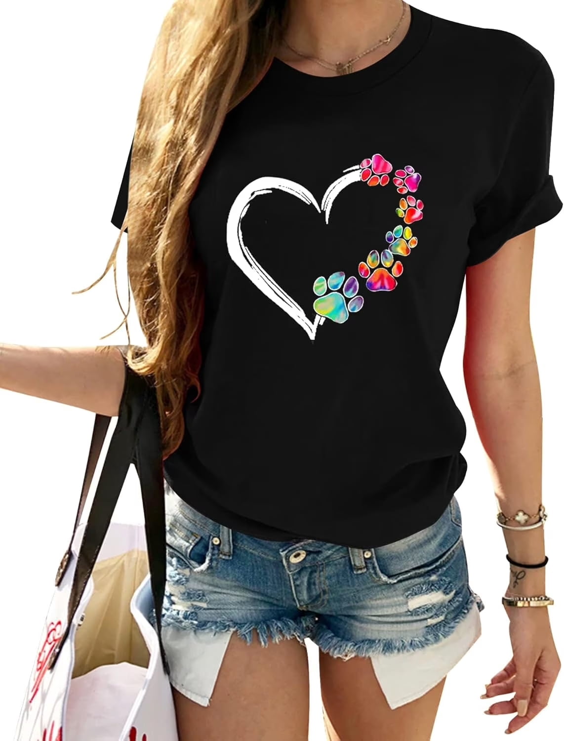Brythos Colorful Paw Print Heart T-Shirt Cute Animal Lover Graphic Tee ...