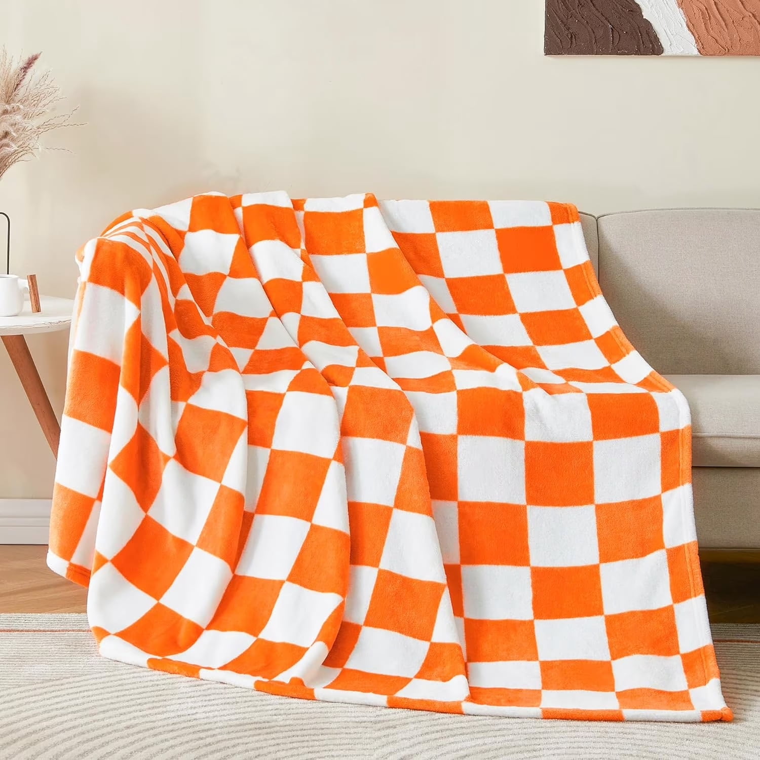 Brythos Orange and White Checkered Fleece Throw Blanket, Twin Size 60 ...